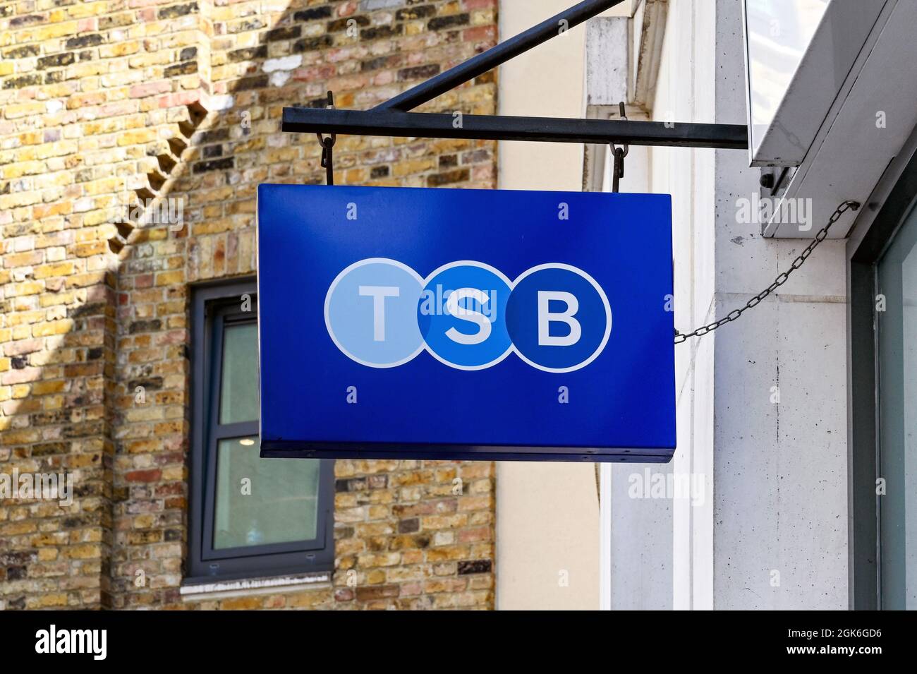 London, England - August 2021: Sign above the entrance to a branch of ...