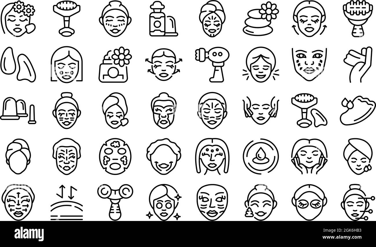 Facial massage icons set outline vector. Face skin. Beauty massage ...