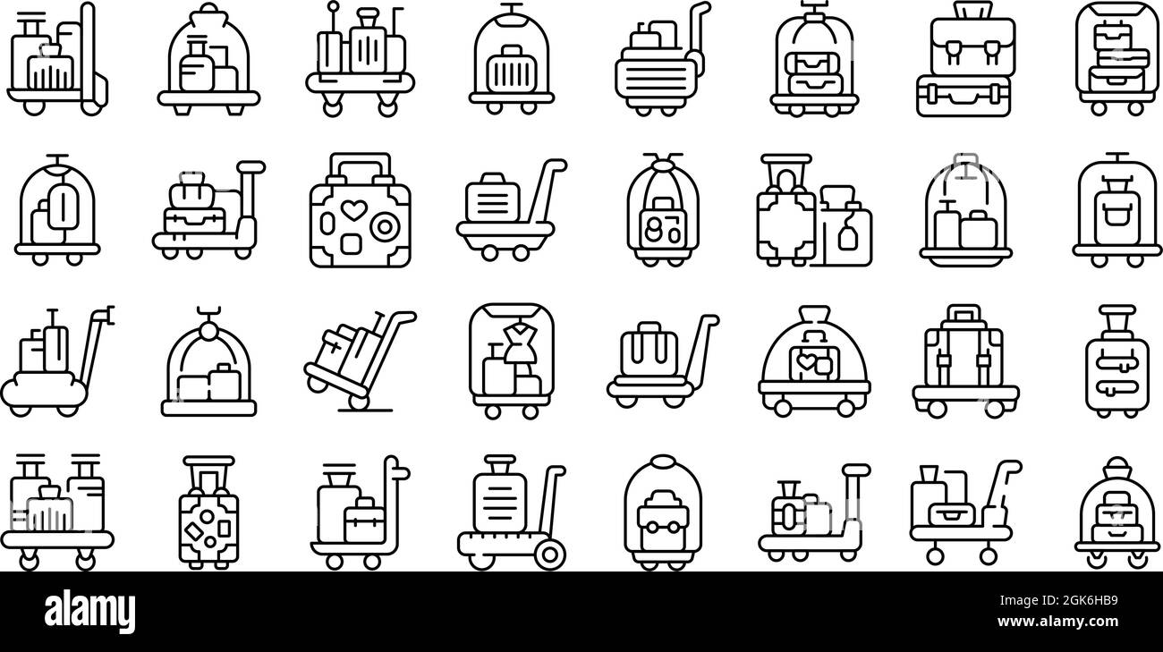 Luggage trolley icons set outline vector. Carriage suitcase. Travel bag ...