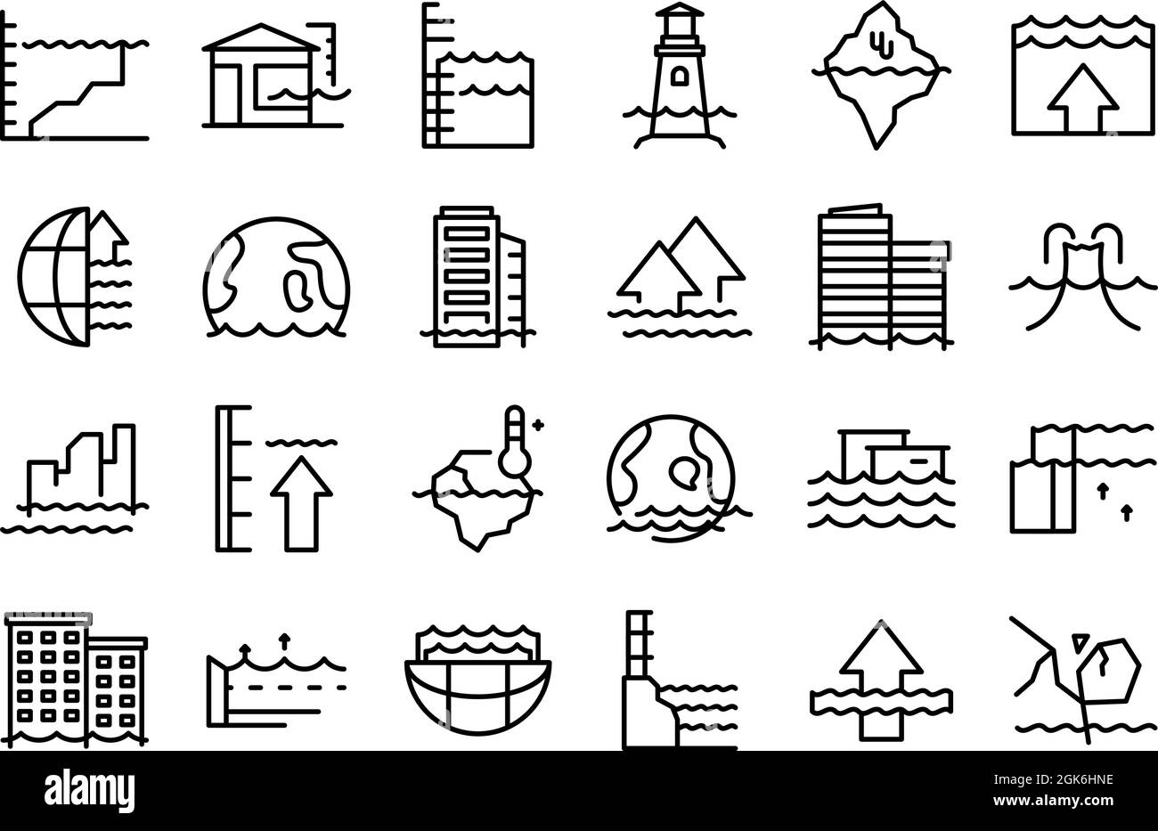 Sea level rise icons set outline vector. Water nature. Climate disaster ...