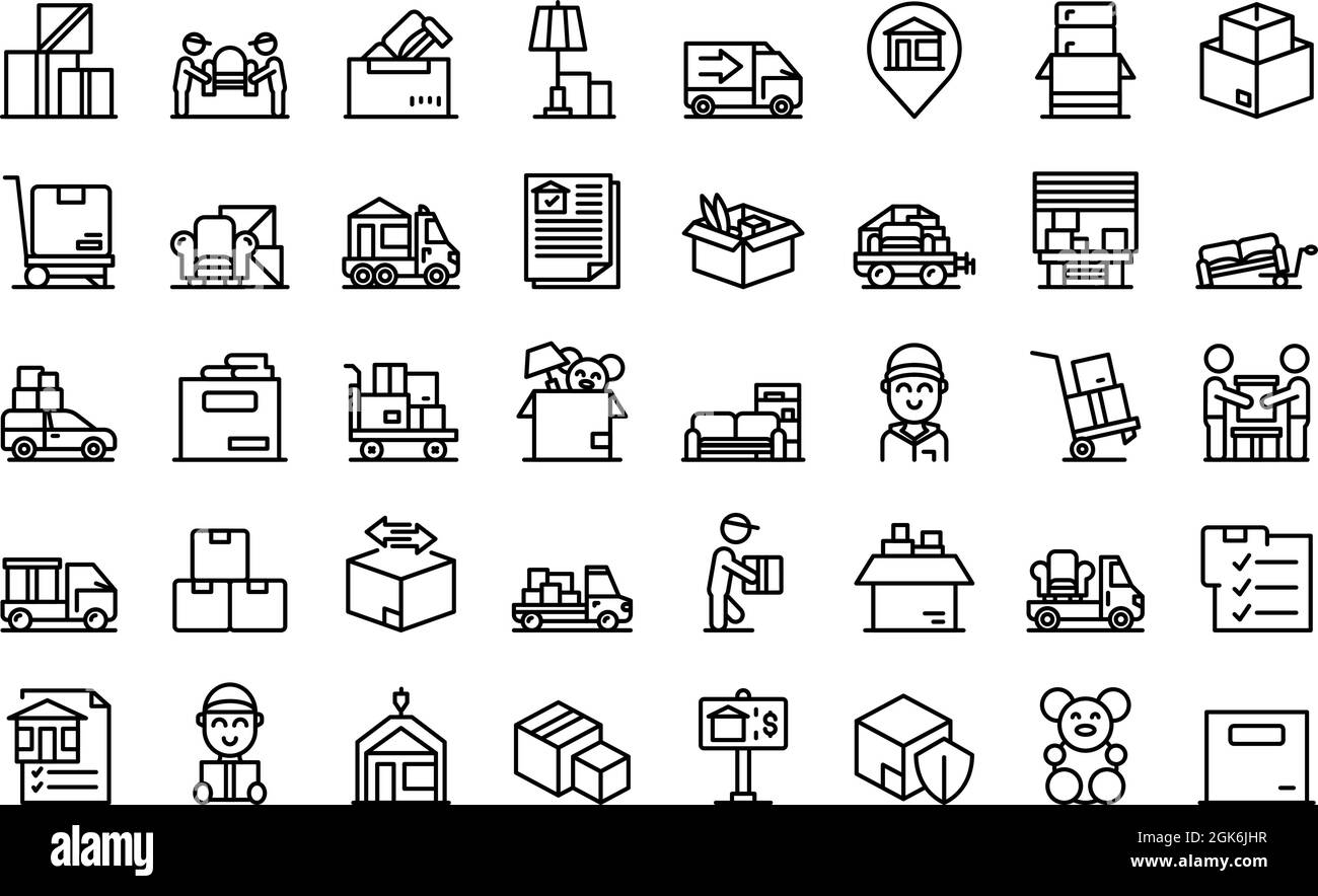 Moving house services icons set outline vector. Storehouse box. Cargo ...