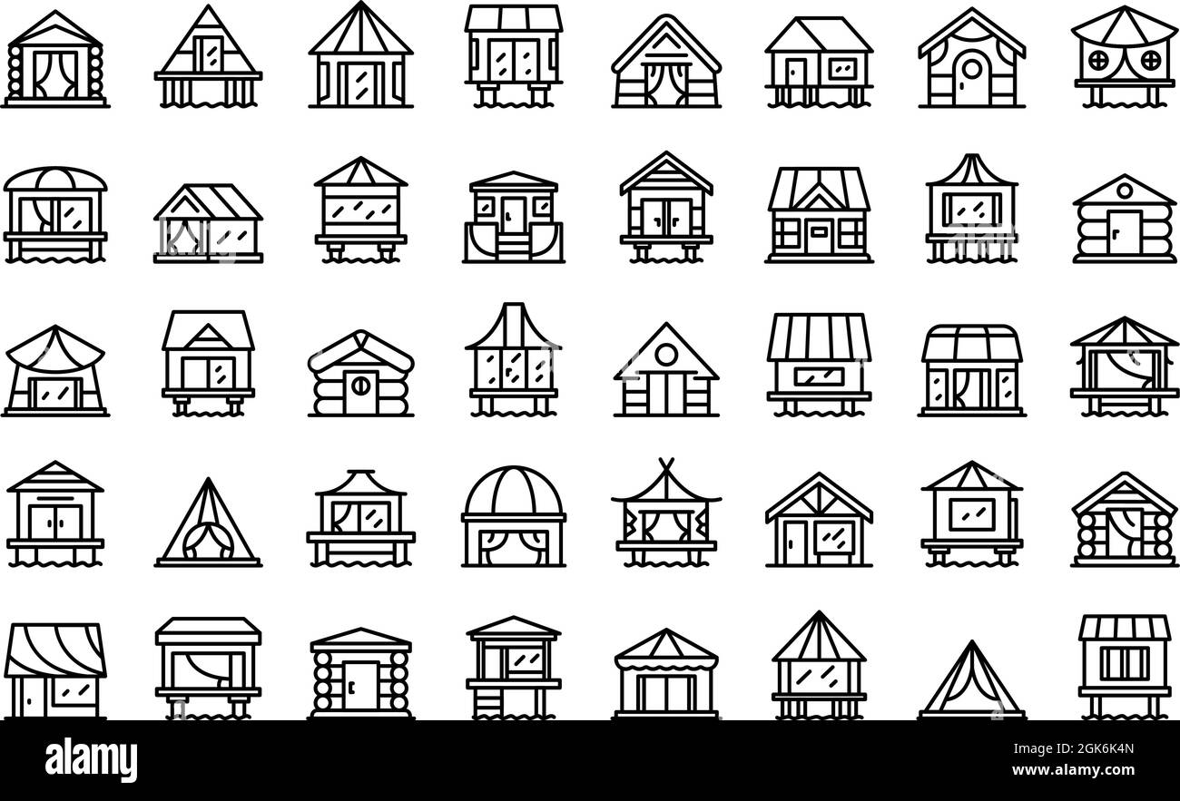 Bungalow icons set outline vector. African cabin. Beach cottage Stock ...