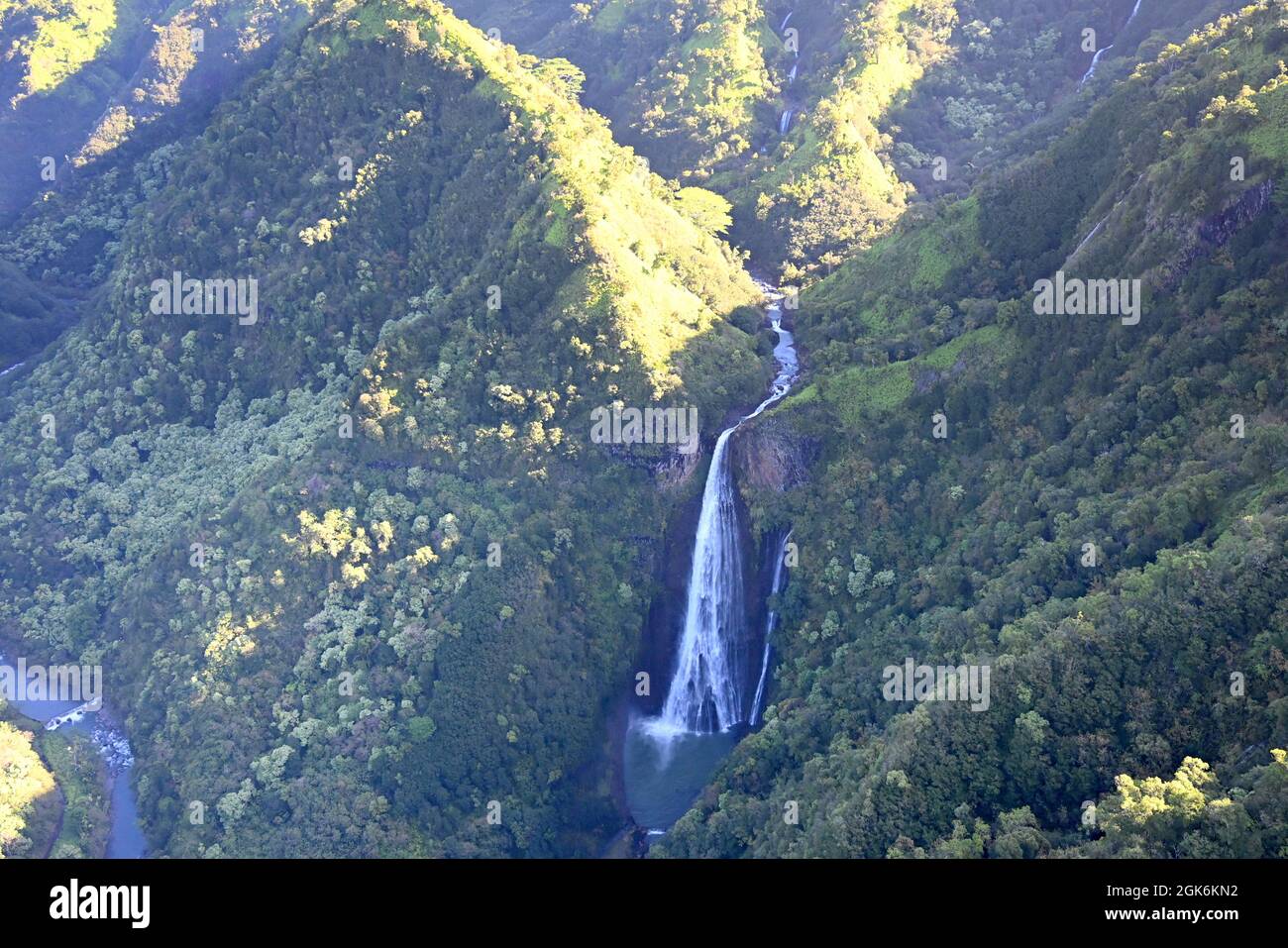 AERIAL VIEW OF KAUAI, HAWAII, USA....Manawaiopuna Falls (Jurassic Park ...