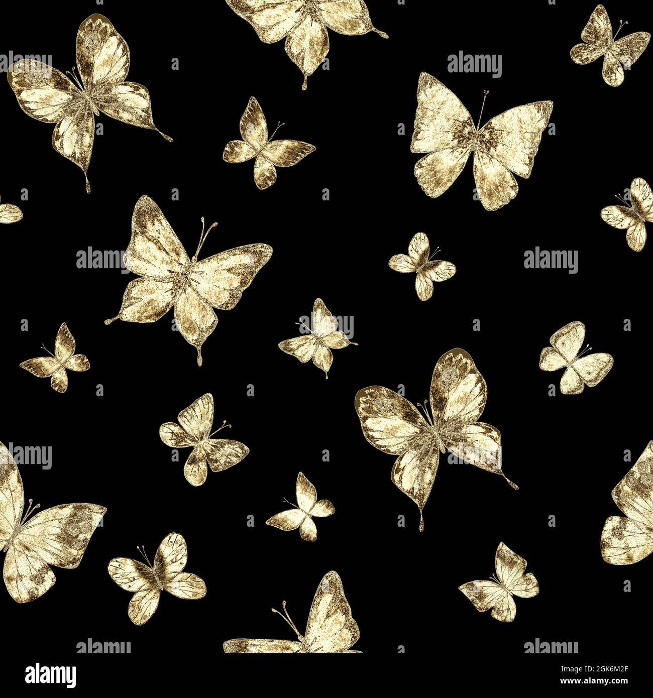 Seamless luxury pattern with yellow golden color butterflies on black ...