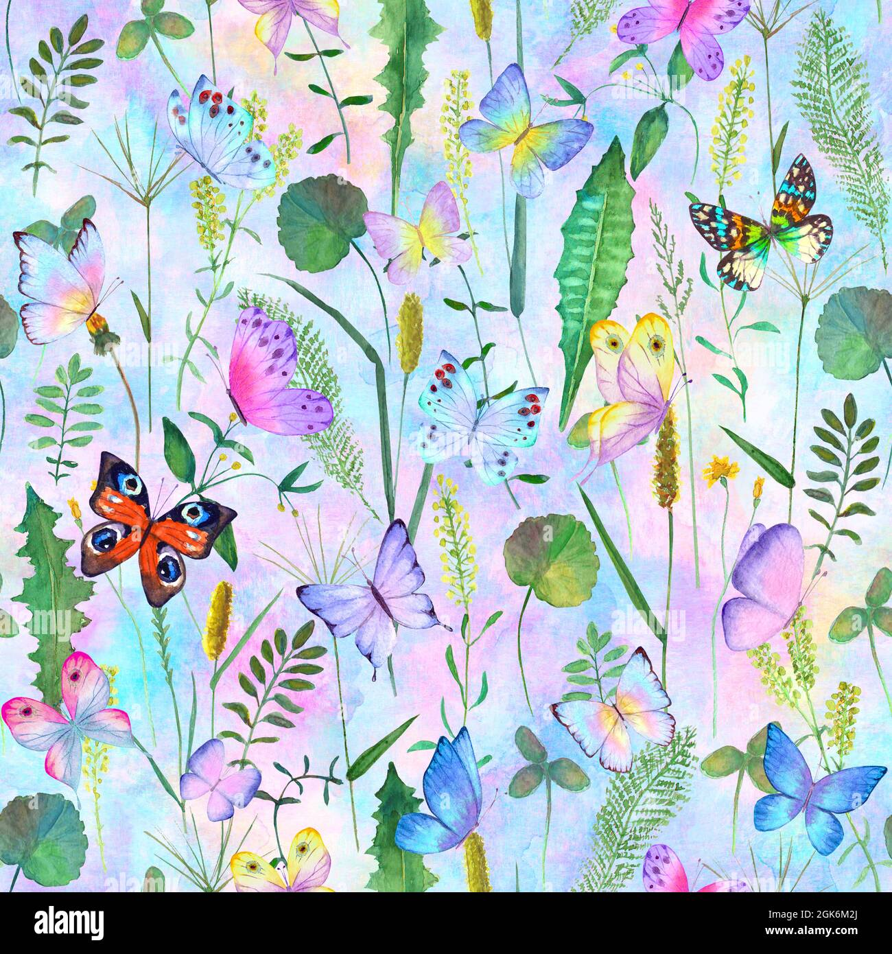 Seamless watercolor botanical summer pattern with colorful butterflies ...