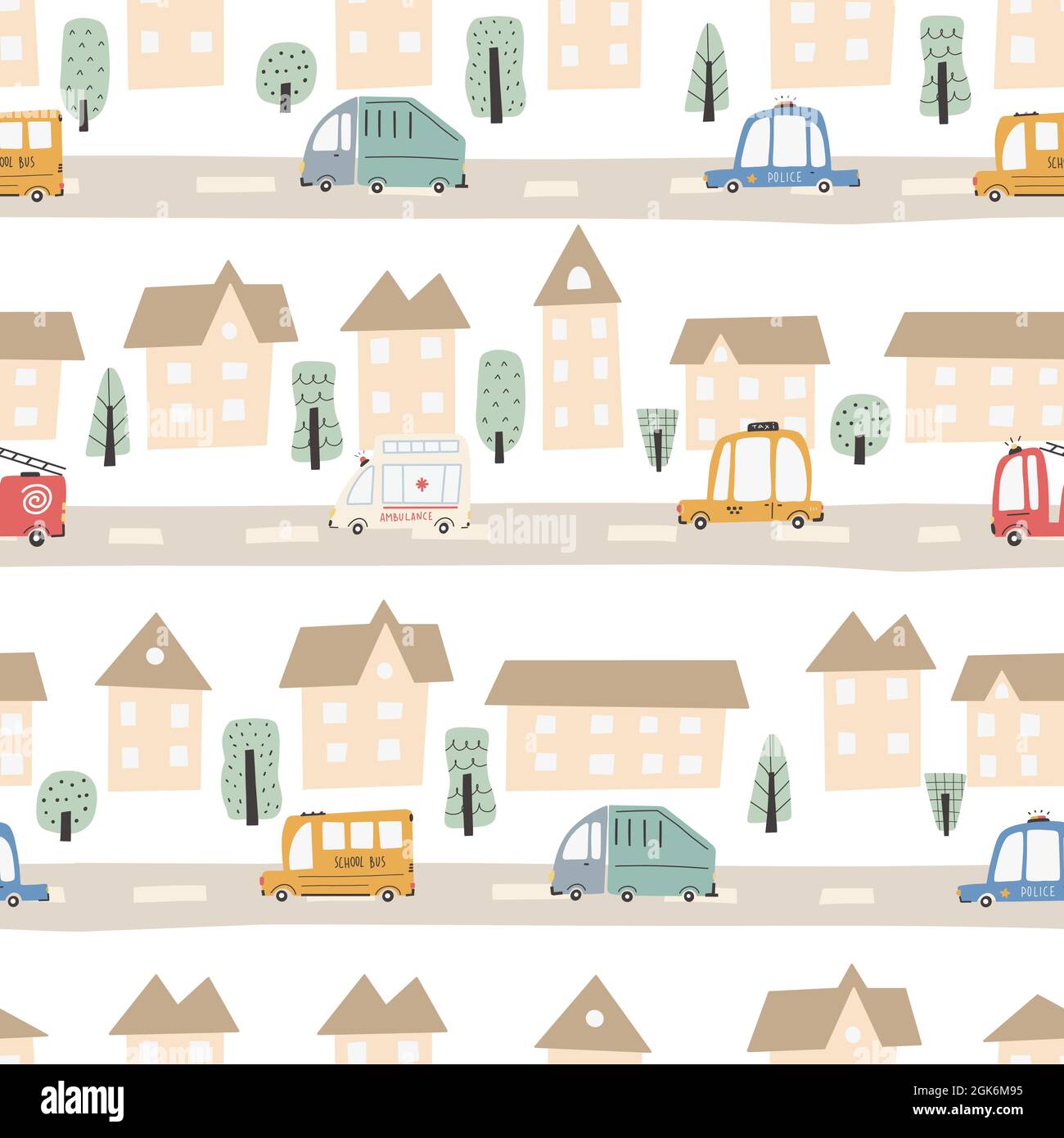Cute city map with roads and transport. Vector seamless pattern ...