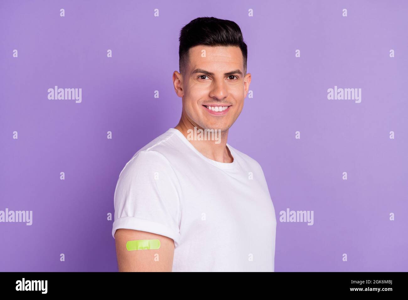 Profile side photo of young man happy positive smile vaccination ...