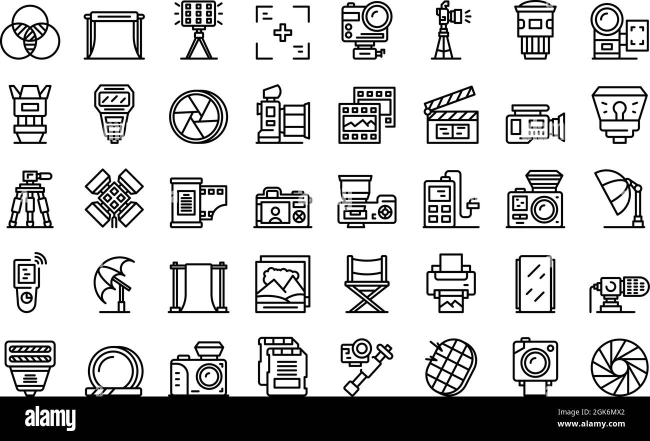 Photo studio icons set outline vector. Camera card. Video equipment ...