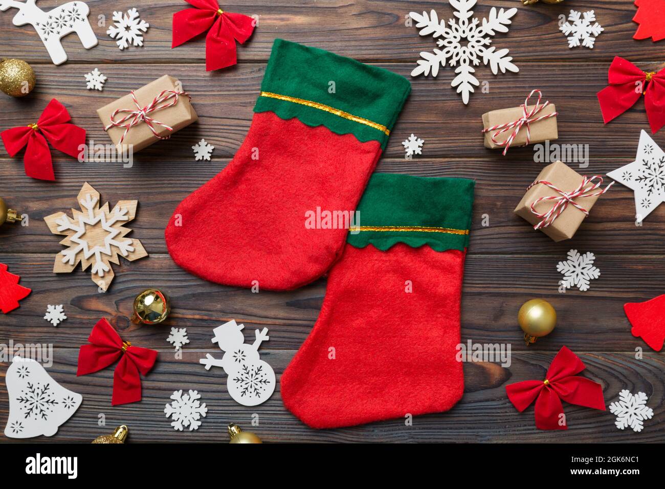 santa red sock top view on the color background with empty space ...