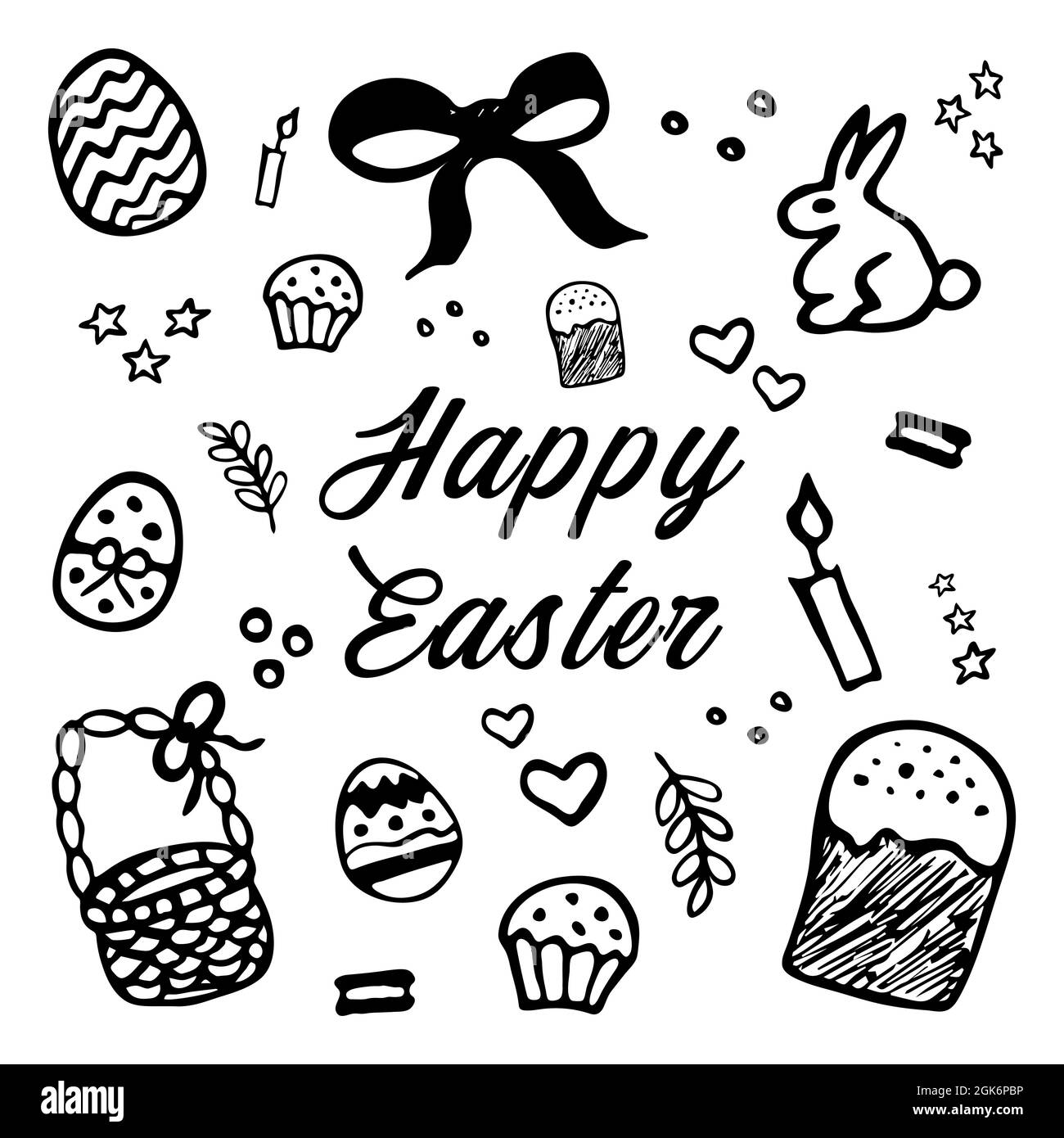 Hand Drawn Easter Design Set Rabbits Eggs Basket Easter Cake