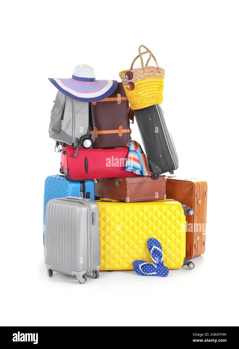 Pile of different heavy luggage on white background. Overweight concept ...