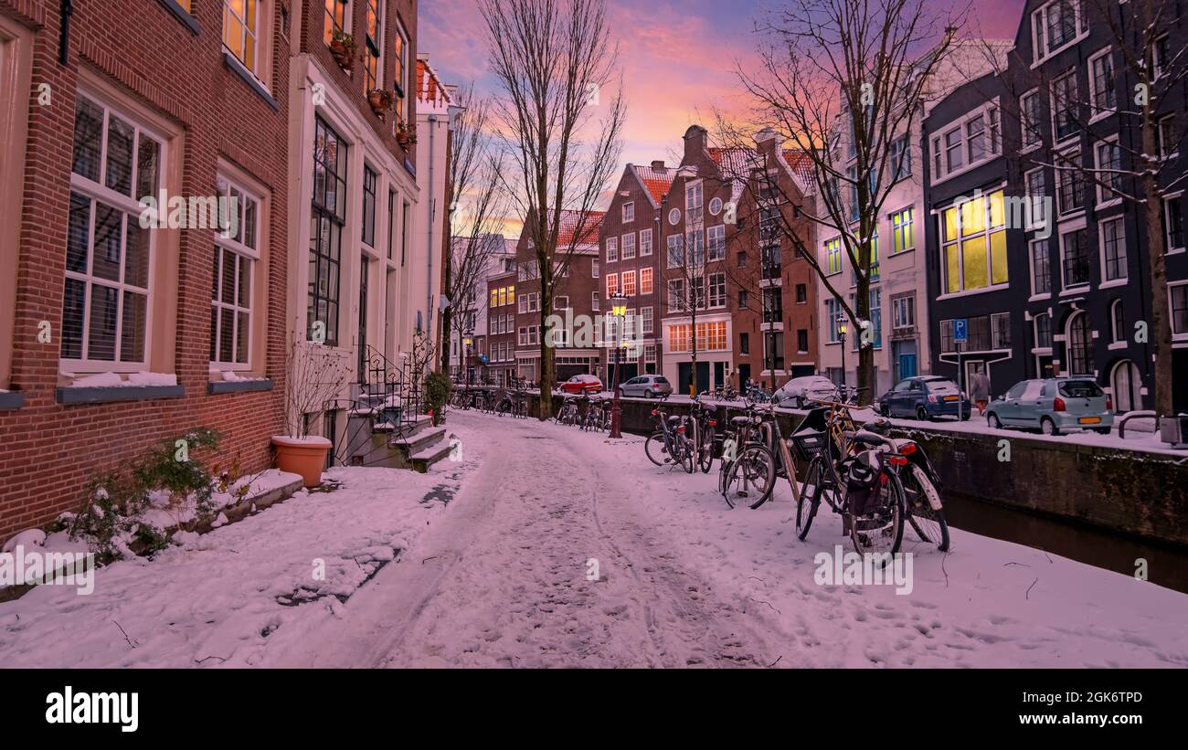 City scenic from snowy Amsterdam in winter in the Netherlands Stock ...