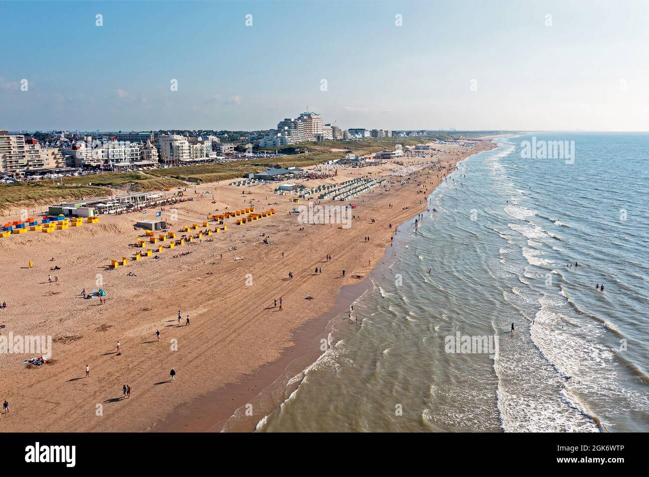 Aerial from the beach in Noordwijk aan Zee in the Netherlands on a ...
