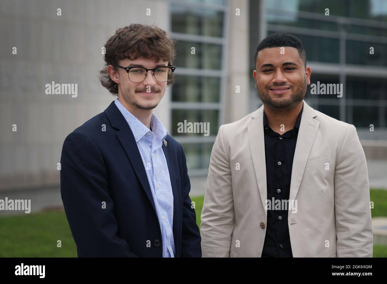 Ethan Marshall (left) and Jimmy Rodriguez, U.S. Air Force Premier College Interns, stand near ...