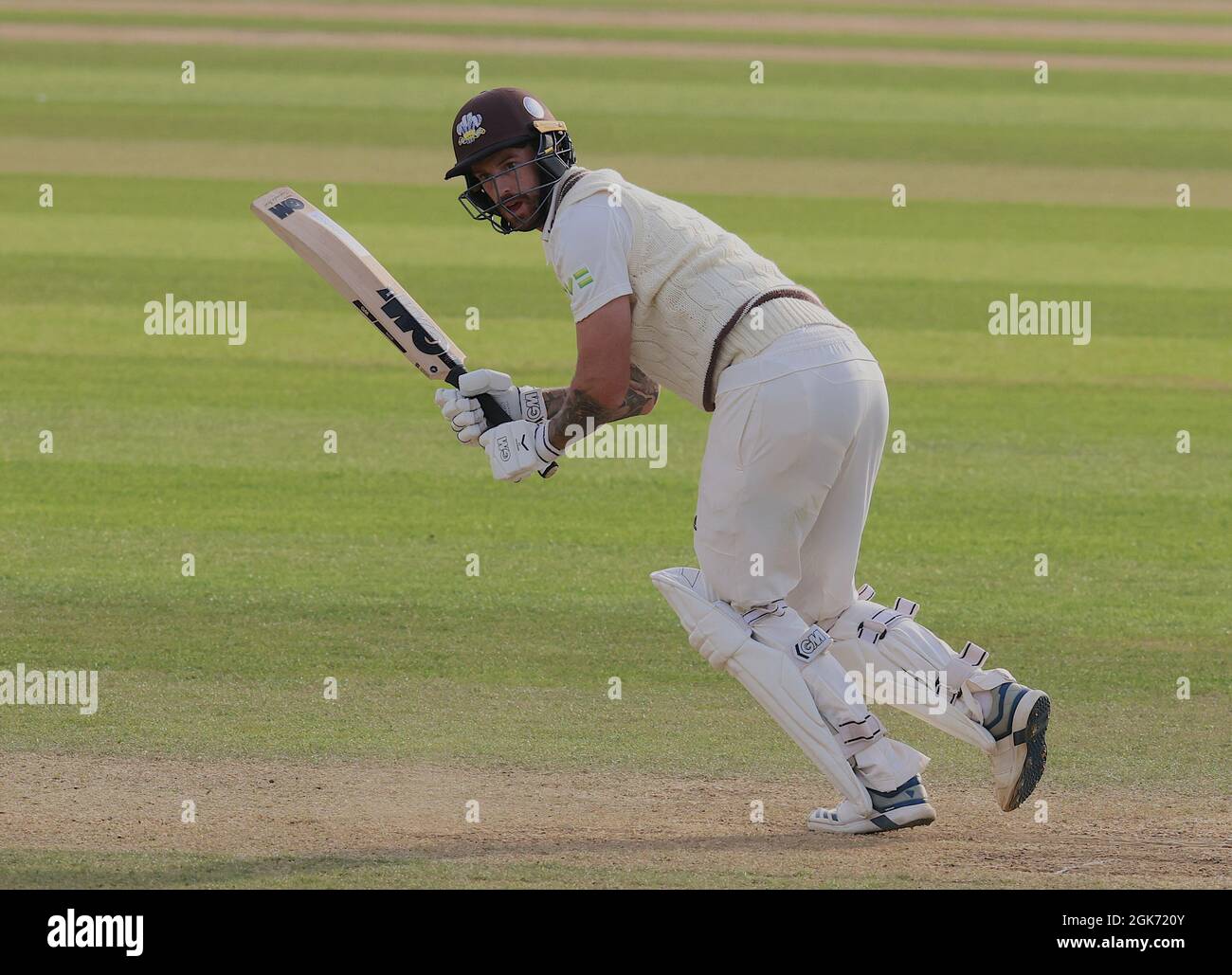 13 September 2021. London, UK. Surrey’s Jordan Clark batting as Surrey ...