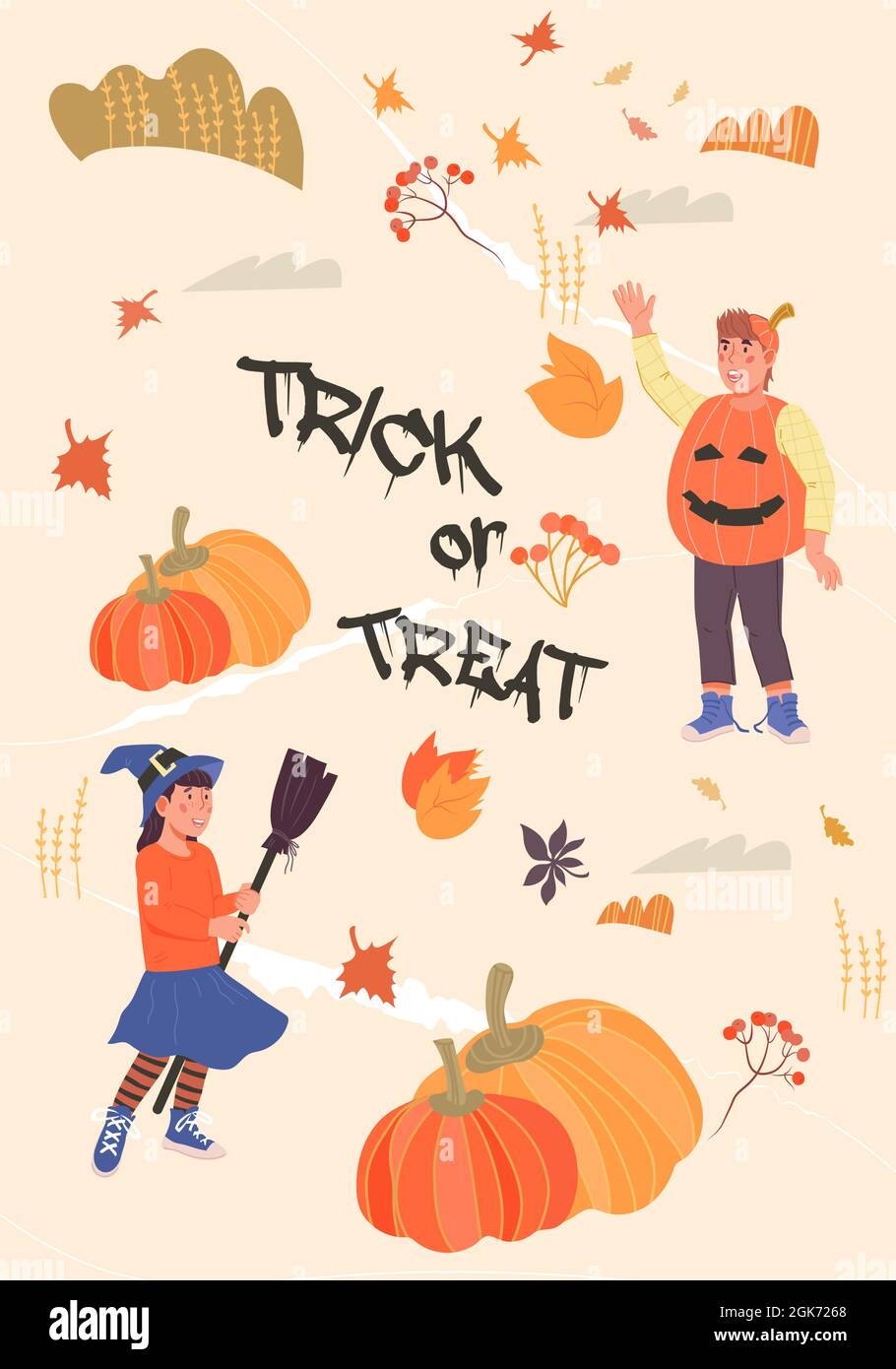 Halloween banner or poster with kids in holiday spooky costumes, flat ...