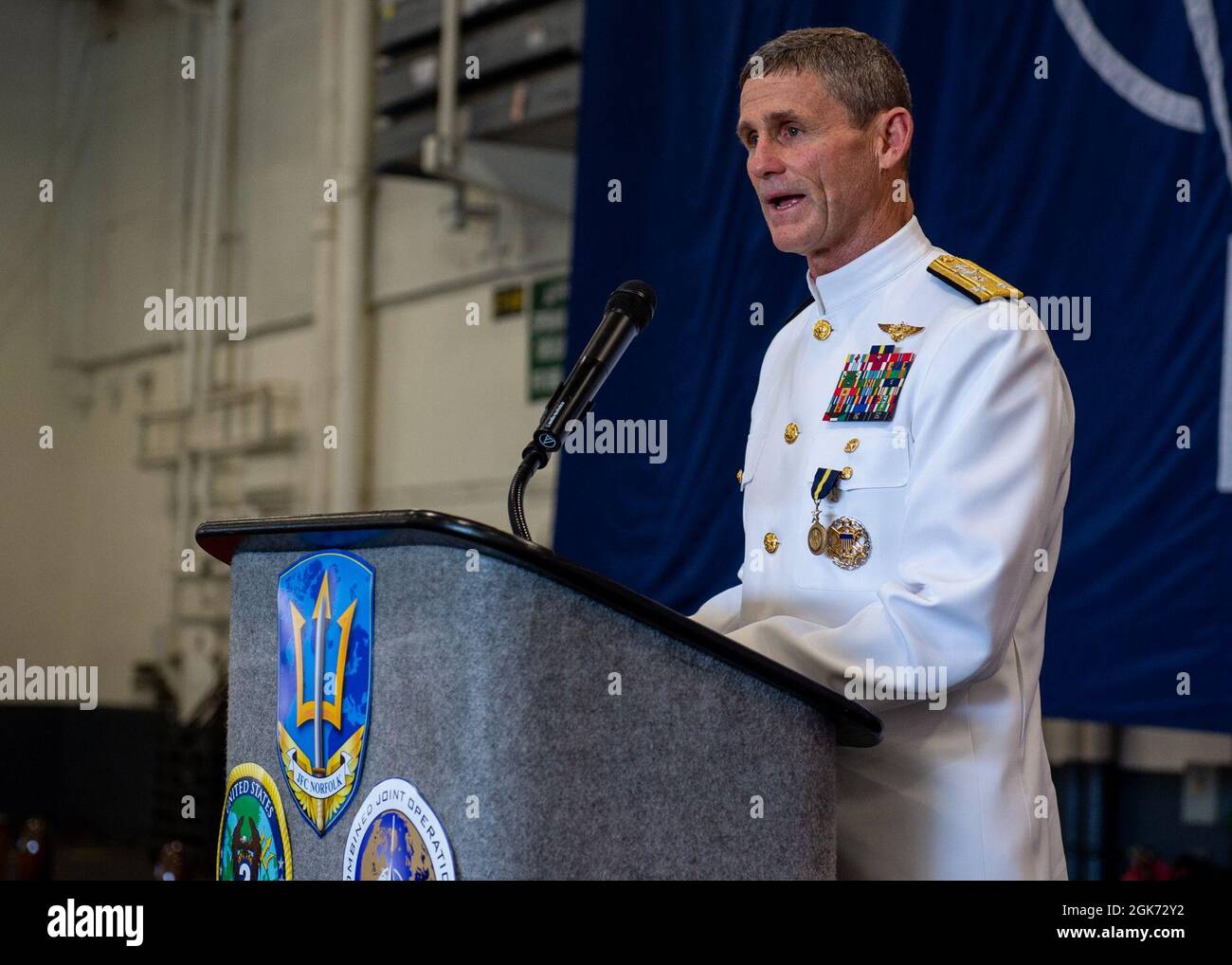 NORFOLK, Va. (Aug. 20, 2021) – Vice Adm. Andrew Lewis speaks during his ...
