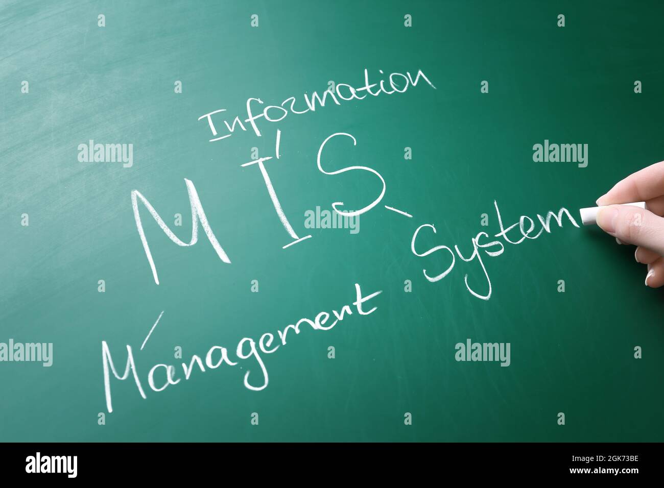 Female hand writing management abbreviation MIS with its full form on ...