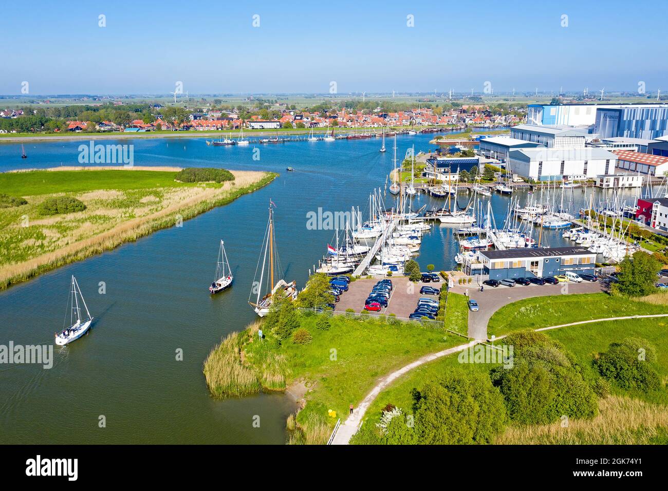Aerial from the village and harbor from Workum in Friesland the ...