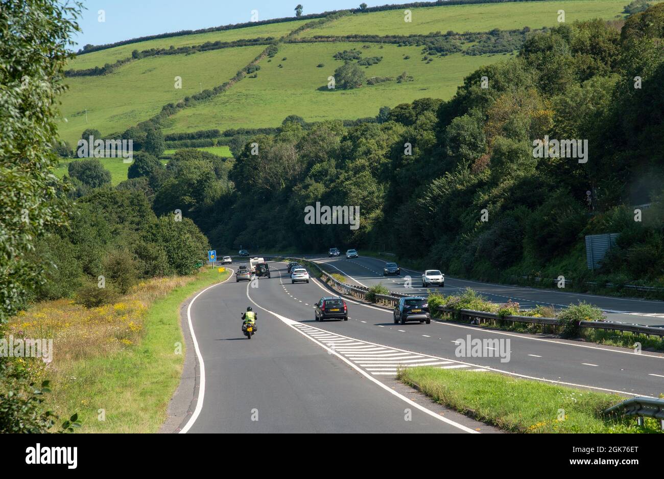 Devon, England, UK. 2021. Motorcyclist entering the A38 Devon ...