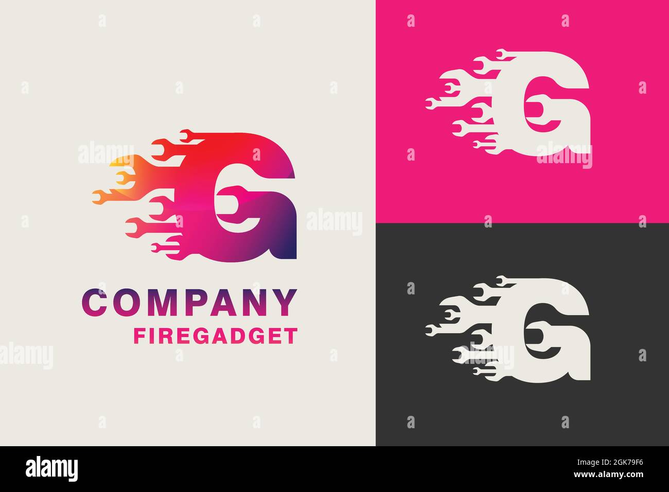 VECTOR FIRED LETTER G. LOGOTYPE PICTOGRAM LETTER G AND WRENCH ...