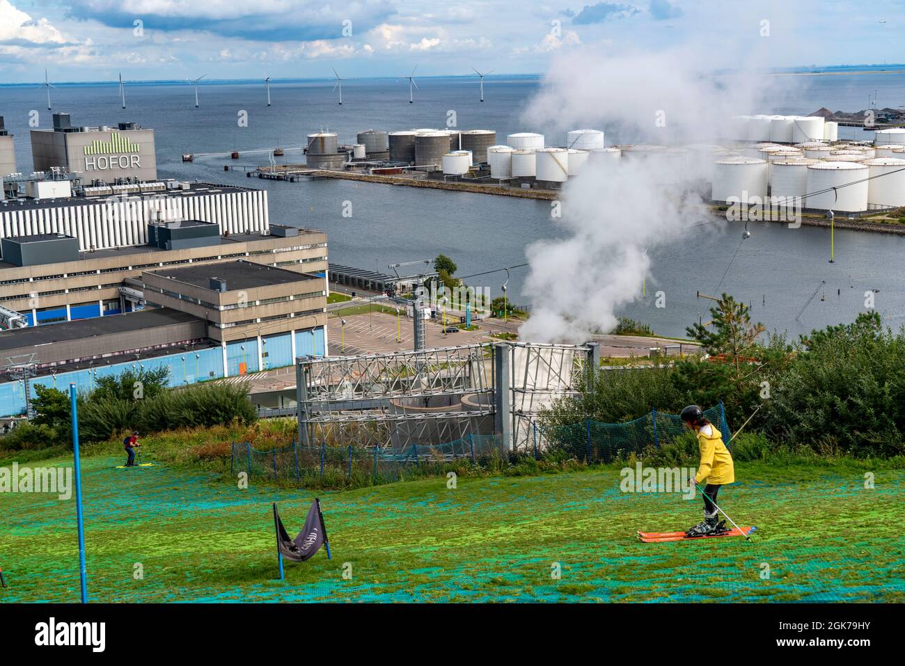 CopenHill, waste incineration plant and artificial ski slope, skiing with a view of the Øresund ...