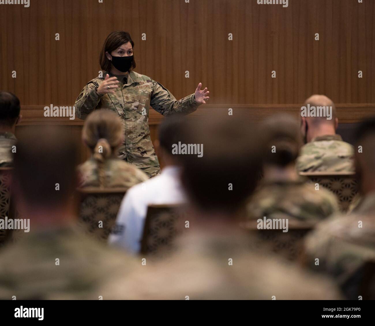 Chief Master Sgt. of the Air Force JoAnne S. Bass speaks to Airmen ...