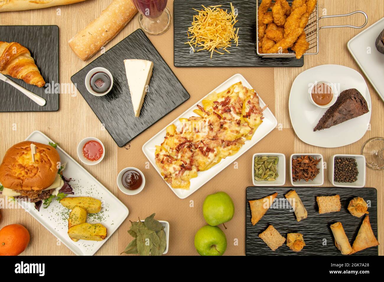 Top view image of delicious looking fast food dishes. Chocolate cake ...