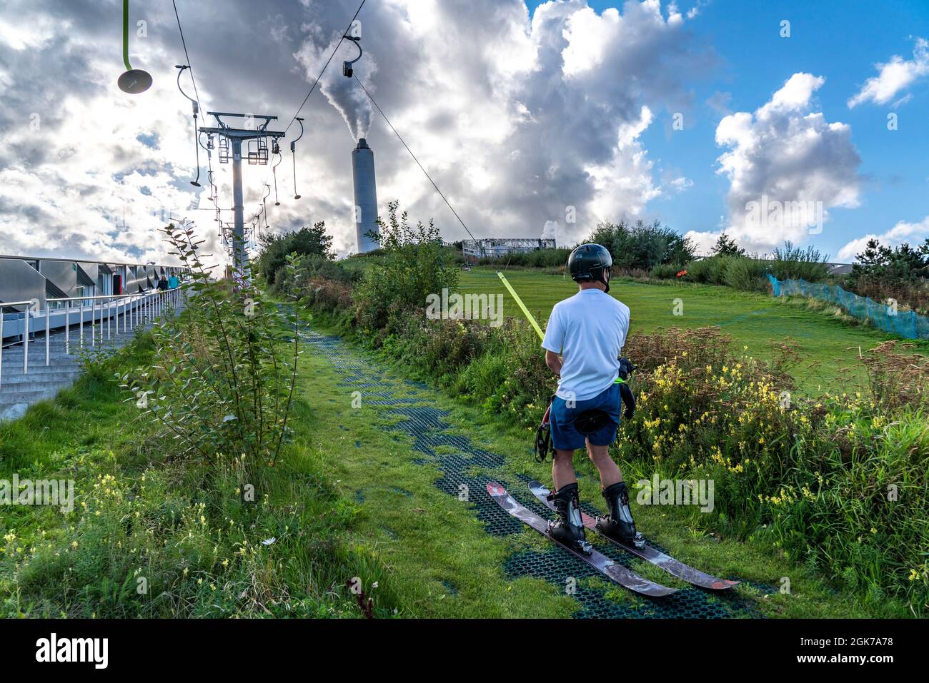 CopenHill, waste incineration plant and artificial ski slope, Ski lift, skiing with a view of ...