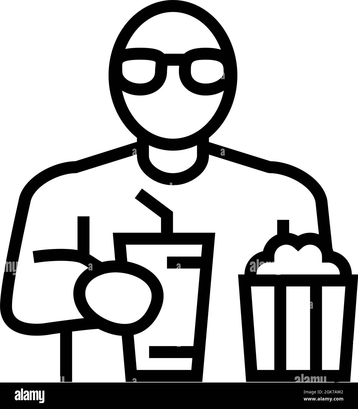 spectator watching movie and eating popcorn in cinema line icon vector ...