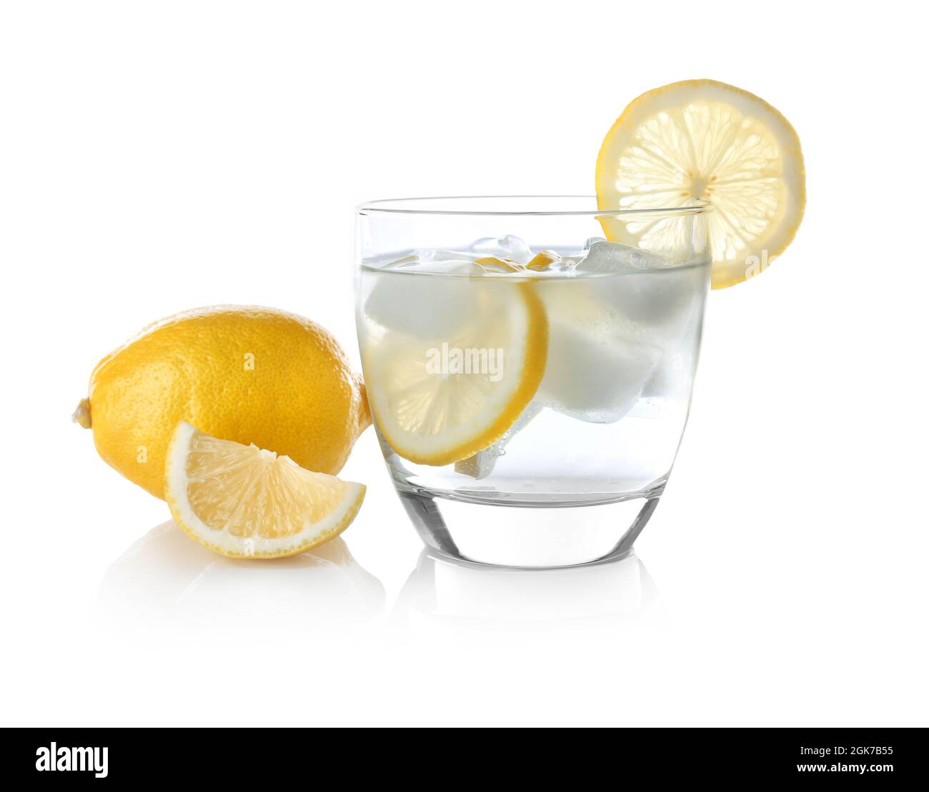 Glass of cold lemon water with ice on white background Stock Photo - Alamy