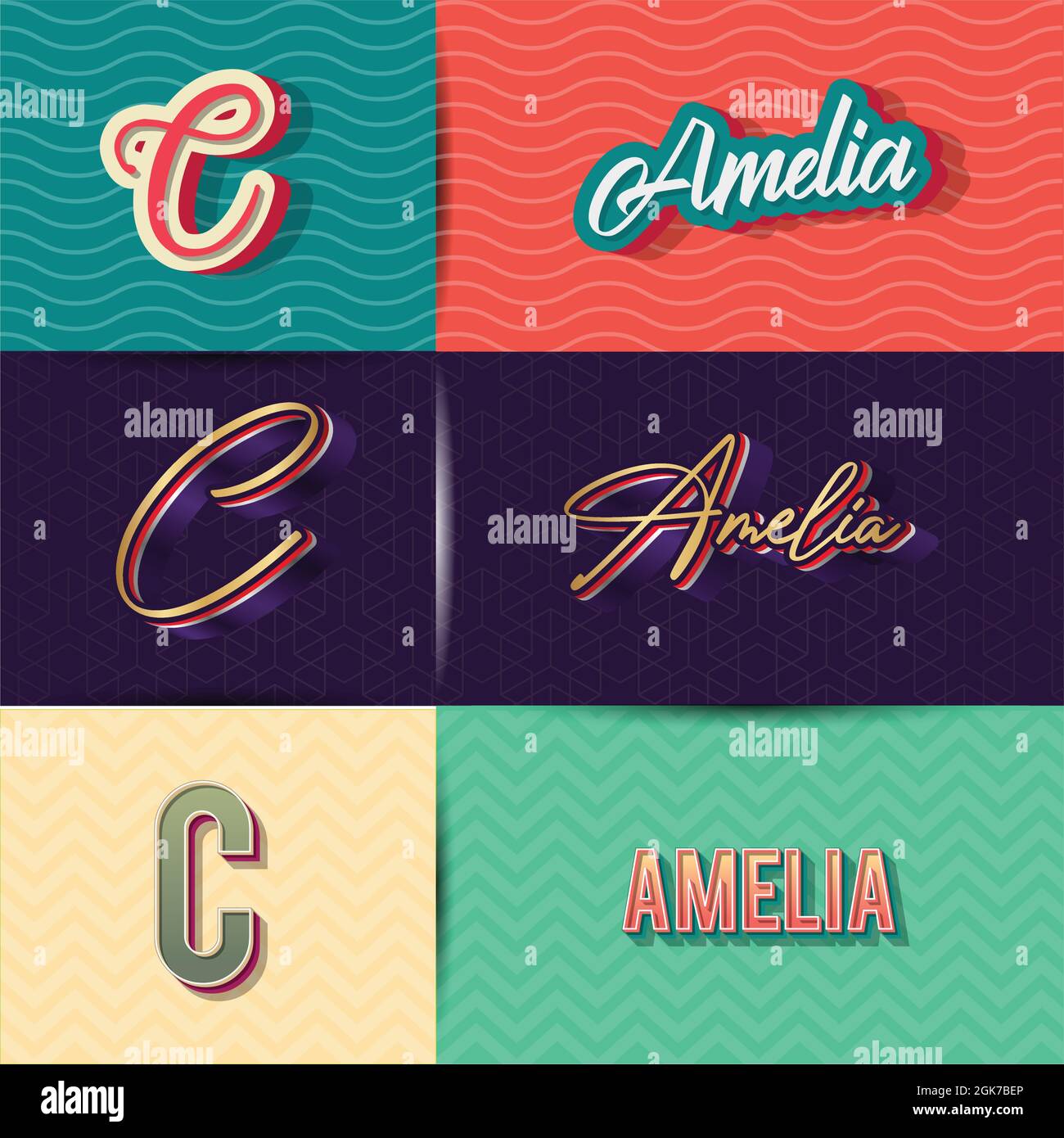 name Amelia in various Retro graphic design elements, set of vector ...