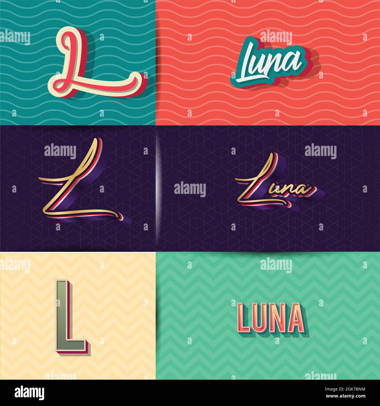 name Luna in various Retro graphic design elements, set of vector Retro ...