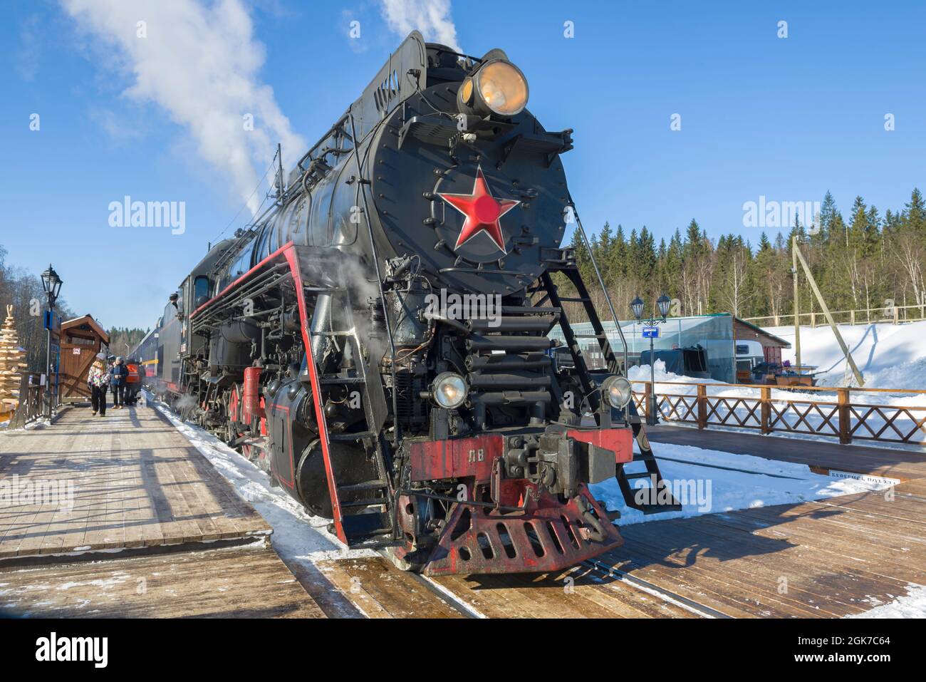 RUSKEALA, RUSSIA - MARCH 10, 2021: Old Soviet steam locomotive LV-0522 ...