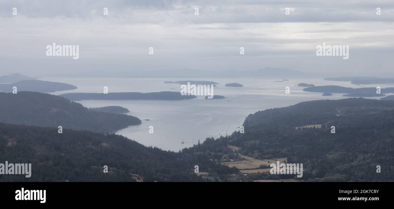 Aerial View of Salt Spring Island and farms from the top of Mt. Maxwell ...