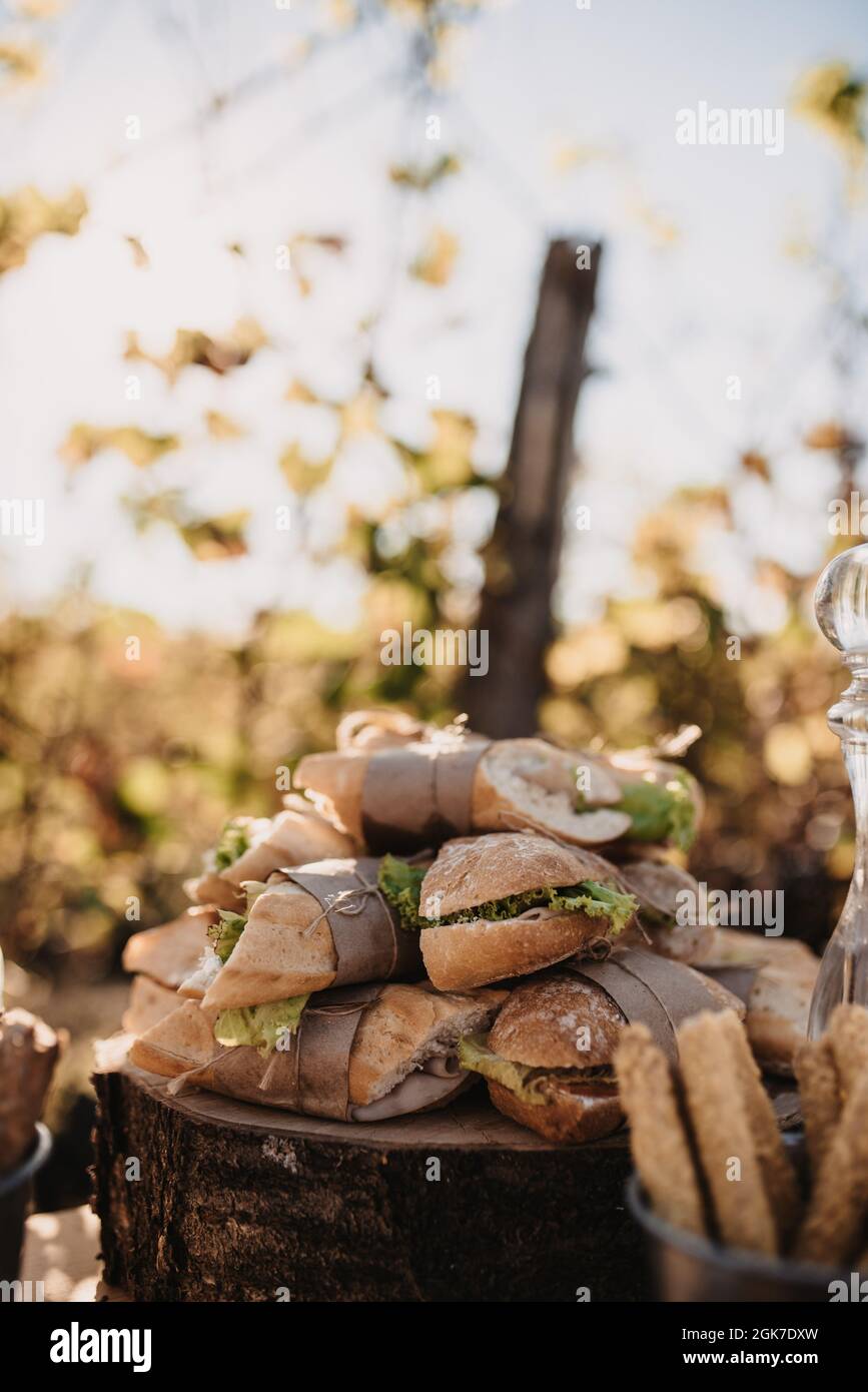 Vertical closeup of a stack of sandwiches on the dinner table Stock ...