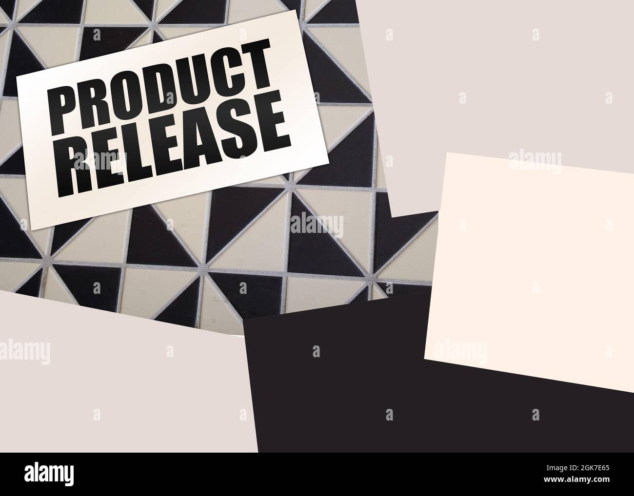 NEW RELEASE text on card on wooden background. business concept Stock ...