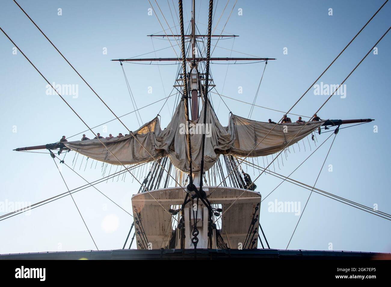 BOSTON (August 26, 2021) Sailors unfurl main top sail aboard USS ...