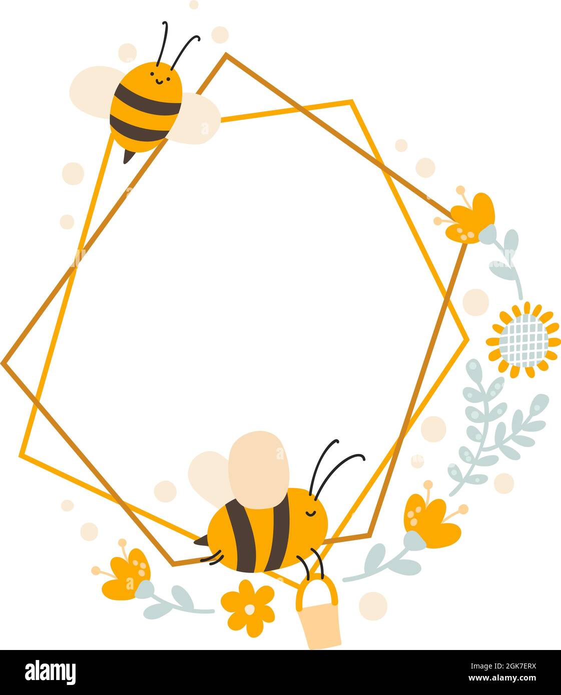 Cute kids Polygon frame with bee and spoon, jar of honey with bouquet ...