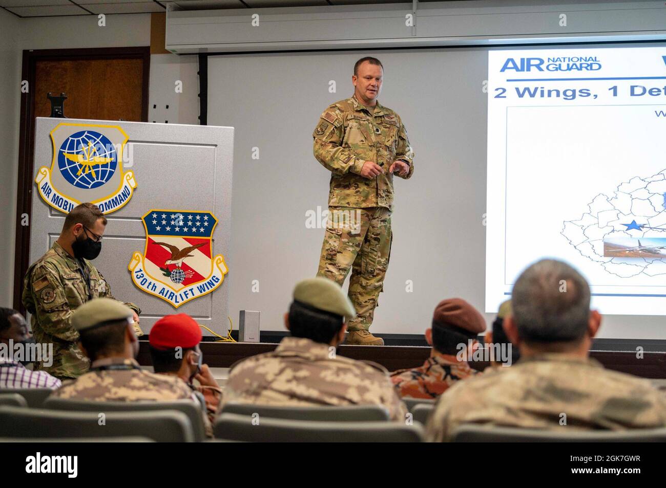 Lt. Col. Robert Sloan assigned to the 130th Airlift Squadron briefs the ...