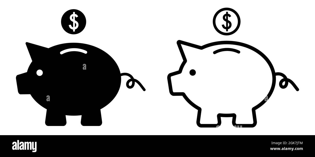 Piggy bank icons with falling coins. Pig silhouette. Vector ...