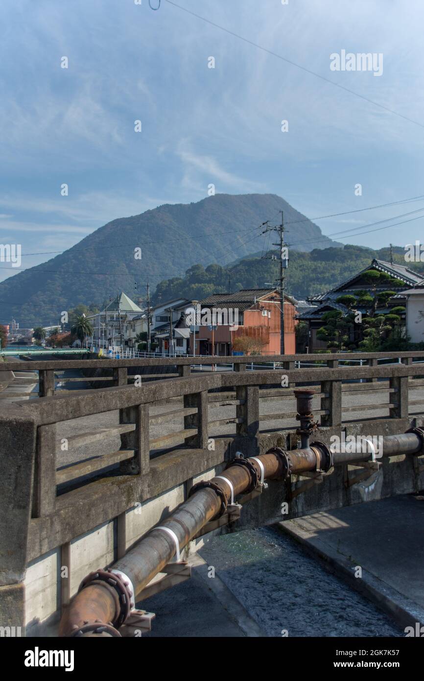 A bridge crossing towards the hills at Beppu, Oita Prefecture, Japan ...