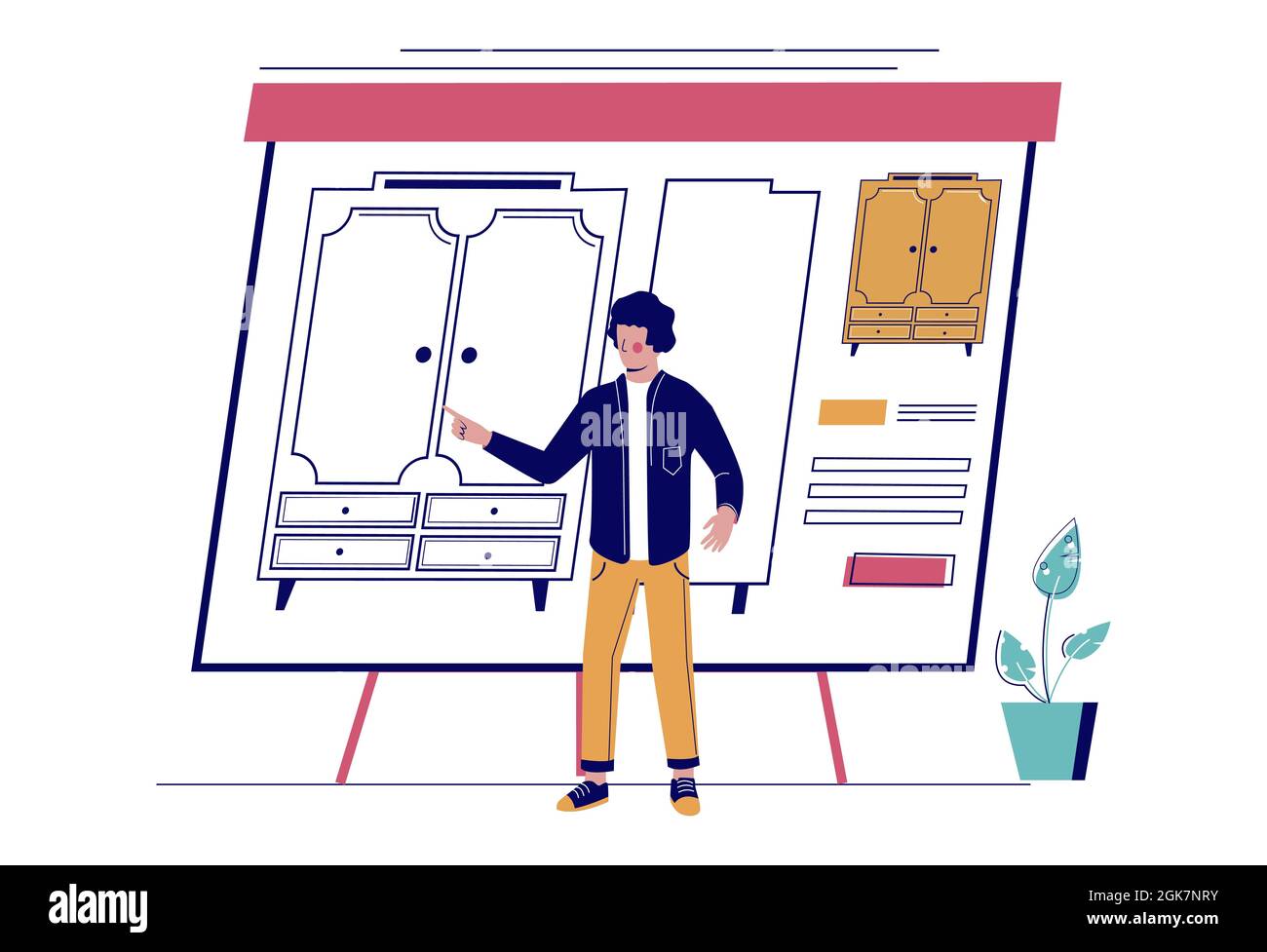 Professional designer presenting detailed wardrobe or cabinet drawings ...