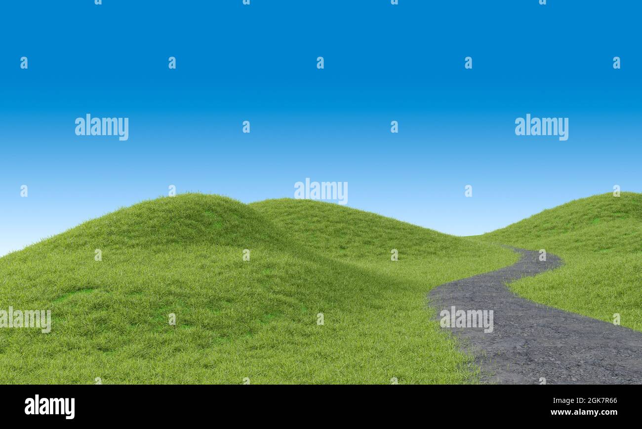 Small hills with grass and a pathway with a blue sky, 3d rendering ...