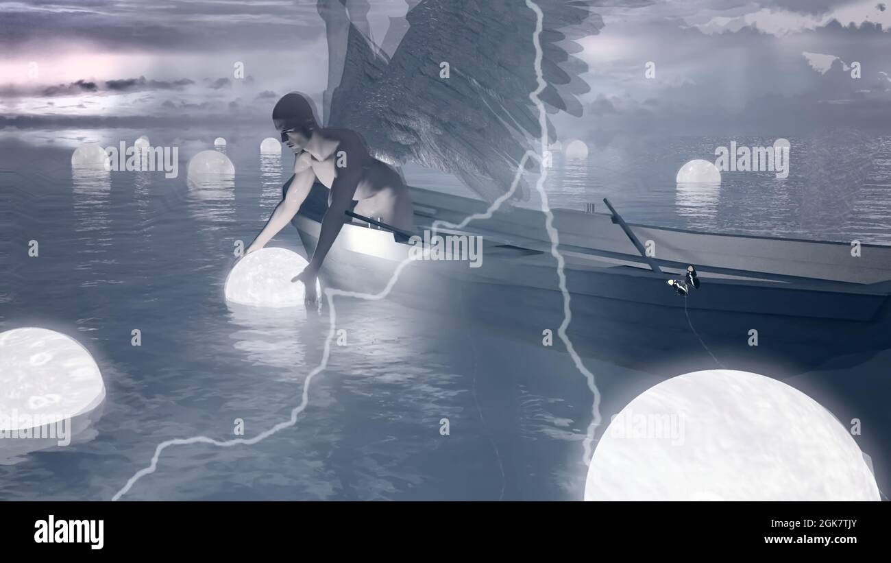 Angel collects floating souls in the water. Thunder strikes. Spiritual ...