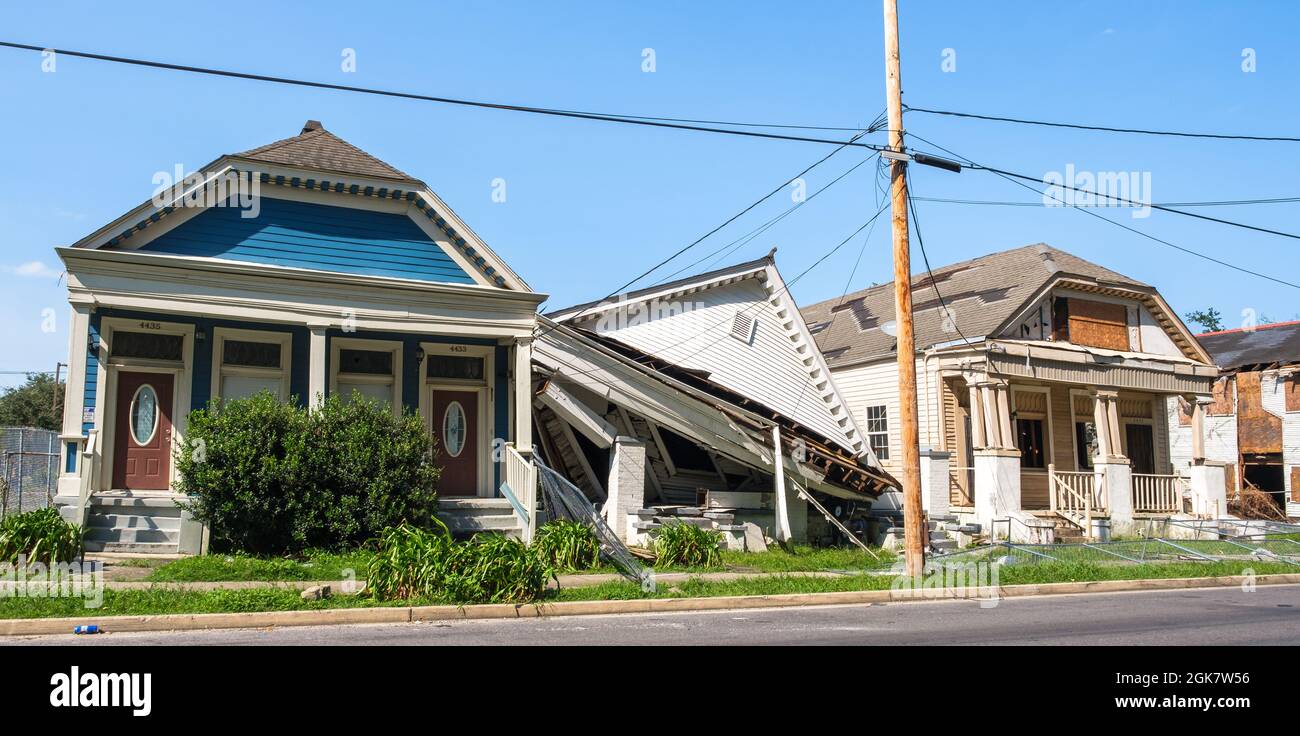 NEW ORLEANS, LA, USA - SEPTEMBER 11, 2021: Collapsed house following ...