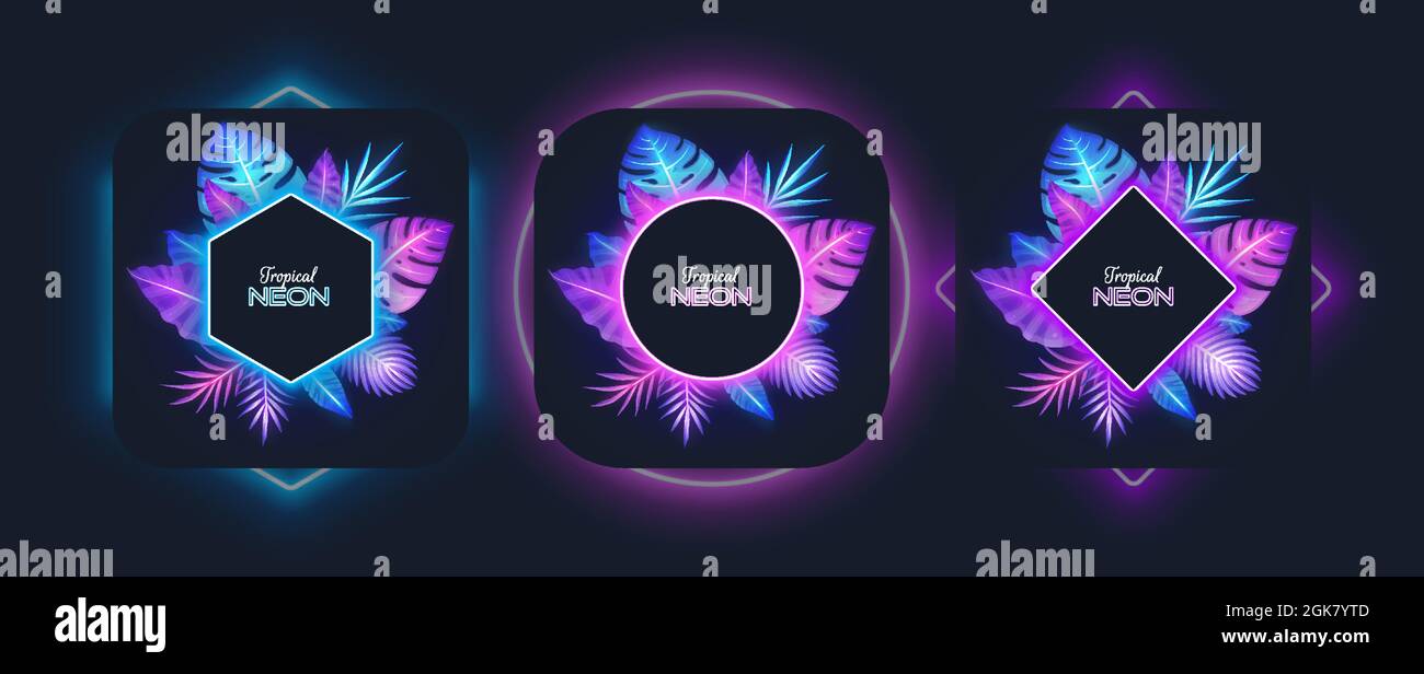 Glowing neon frames with tropical exotic plant, palm tree leaves ...