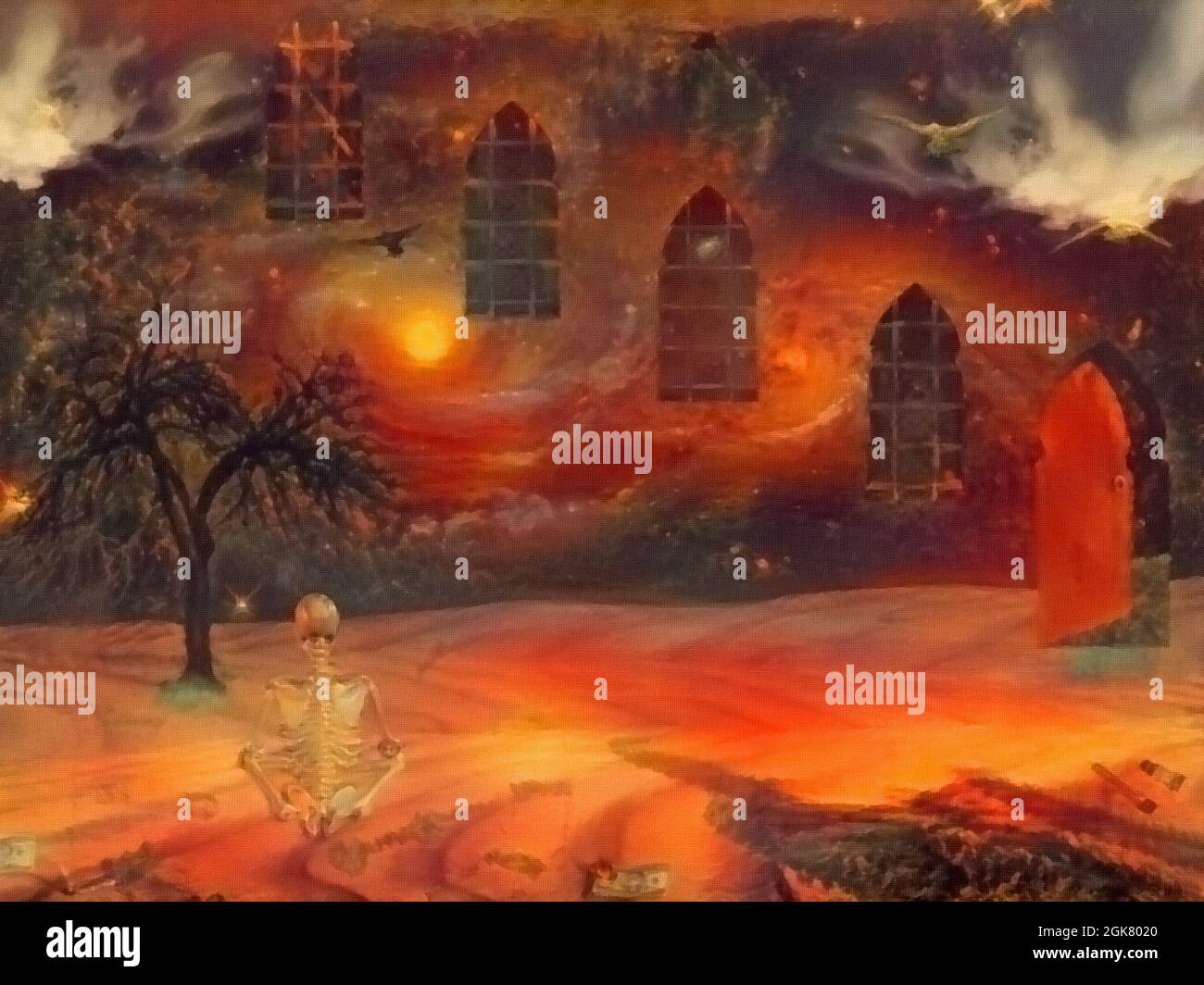 Entrance in hell. Tree silhouette, door and ancient windows in burning ...