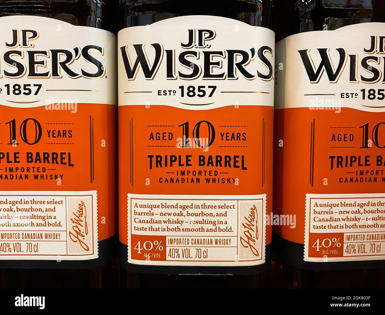 Viersen, Germany - May 9. 2021: Closeup of bottle label of canadian J.P ...