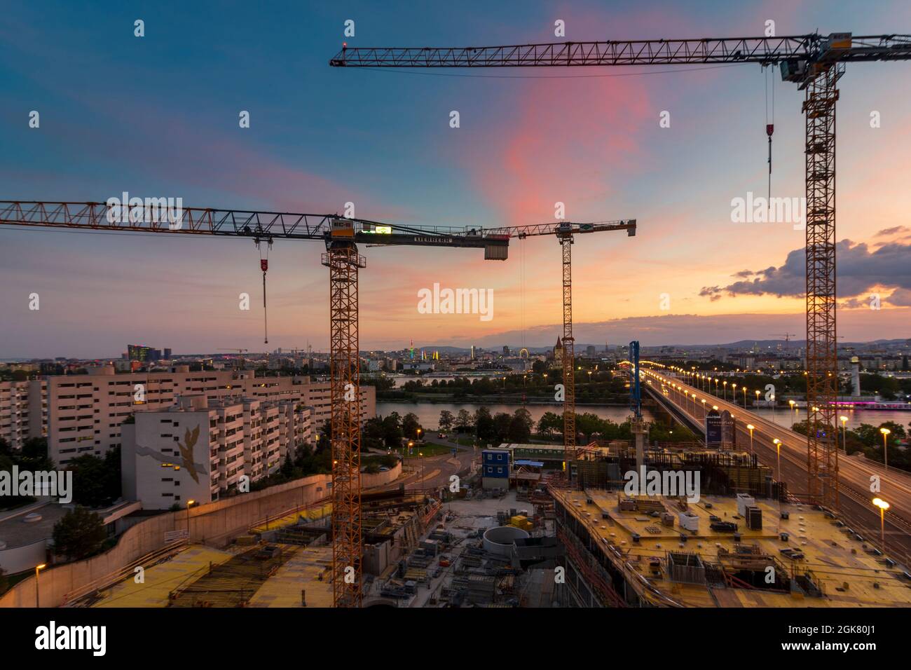Wien, Vienna: construction site pit, crane, project "Danube Flats ...
